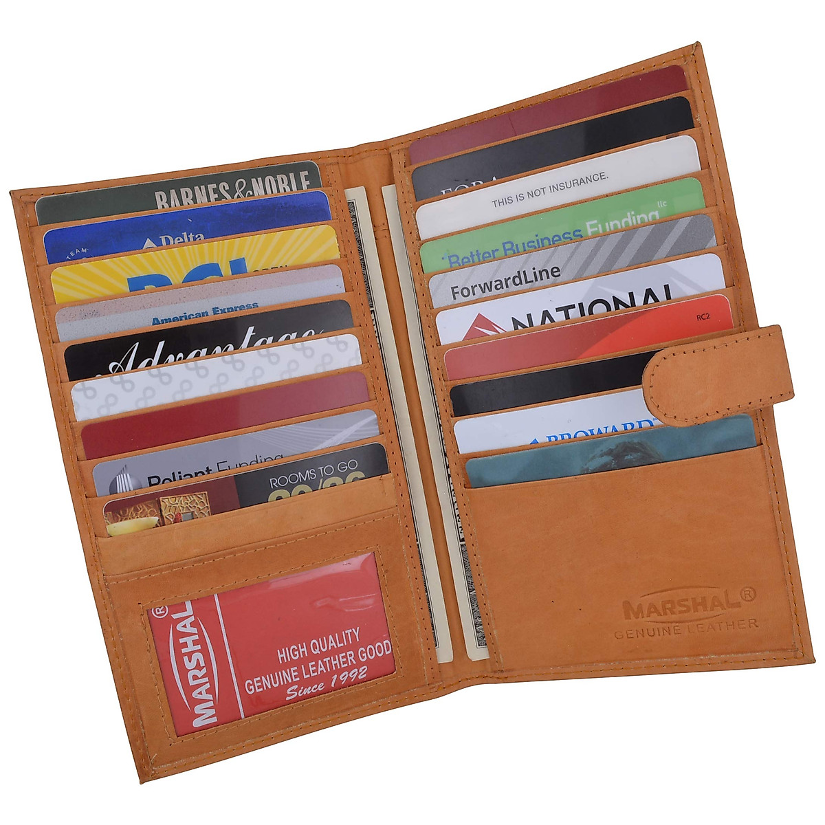 Genuine Leather Bifold Credit Card Holder Secretary Wallet with Snap Closure (Tan)