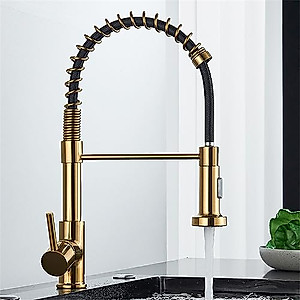 Brushed Gold Kitchen Faucet Pull Down 2-Way Spray Single Handle Hot Cold Water Mixer Tap 360 Rotation Mixer Tap