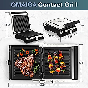 OMAIGA Panini Press, Sandwich Maker, 1500W 6-Serving Indoor Grill, Stainless Steel Top Surface, Detachable Non-stick Die-cast Aluminium Plates, Upright Storage, Opens 180 degrees