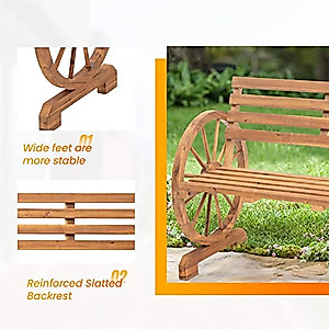 FDW Wooden Wagon Wheel Bench Outdoor Patio Furniture Lounge Furniture 2-Person Seat Bench for Backyard, Patio Garden Rustic Country Design w/Slatted Seat and Backrest,Log Color