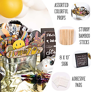 70s Photo Booth Props - 41-pc Disco Photo Booth Kit with 8 x 10-Inch Sign, 60 Adhesive Pads, 45 Sticks - Disco Photo Booth Props - 70's Party Props - 70s Decorations