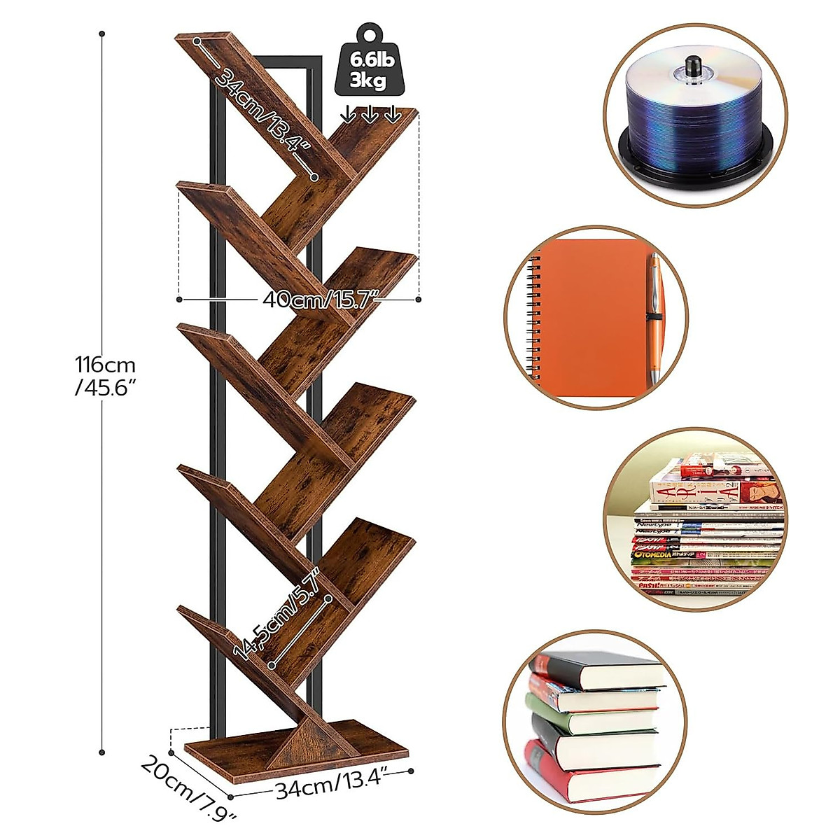 Hupillyur Tree Bookshelf - 9 Shelf Retro Floor Standing Bookcase, Tall Wood Book Storage Rack for CDs/Movies/Books, Utility Book Organizer Shelves for Bedroom, Living Room, Home Office