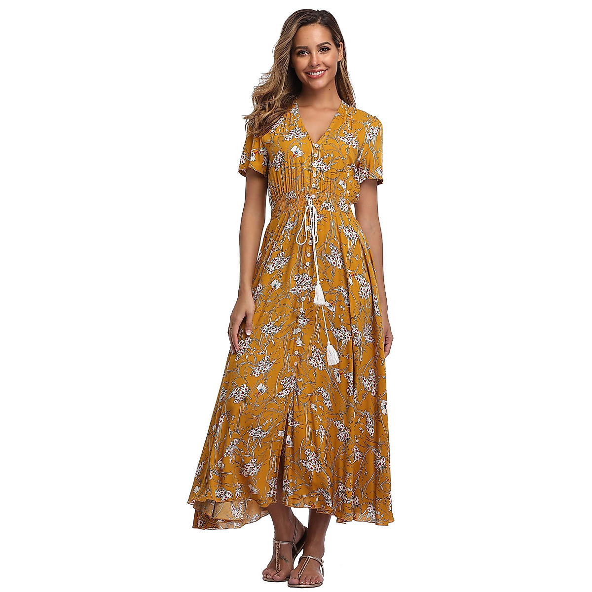 VintageClothing Women's Floral Maxi Dresses Boho Button Up Split Summer Casual Long Dress Beach Party Dress, L
