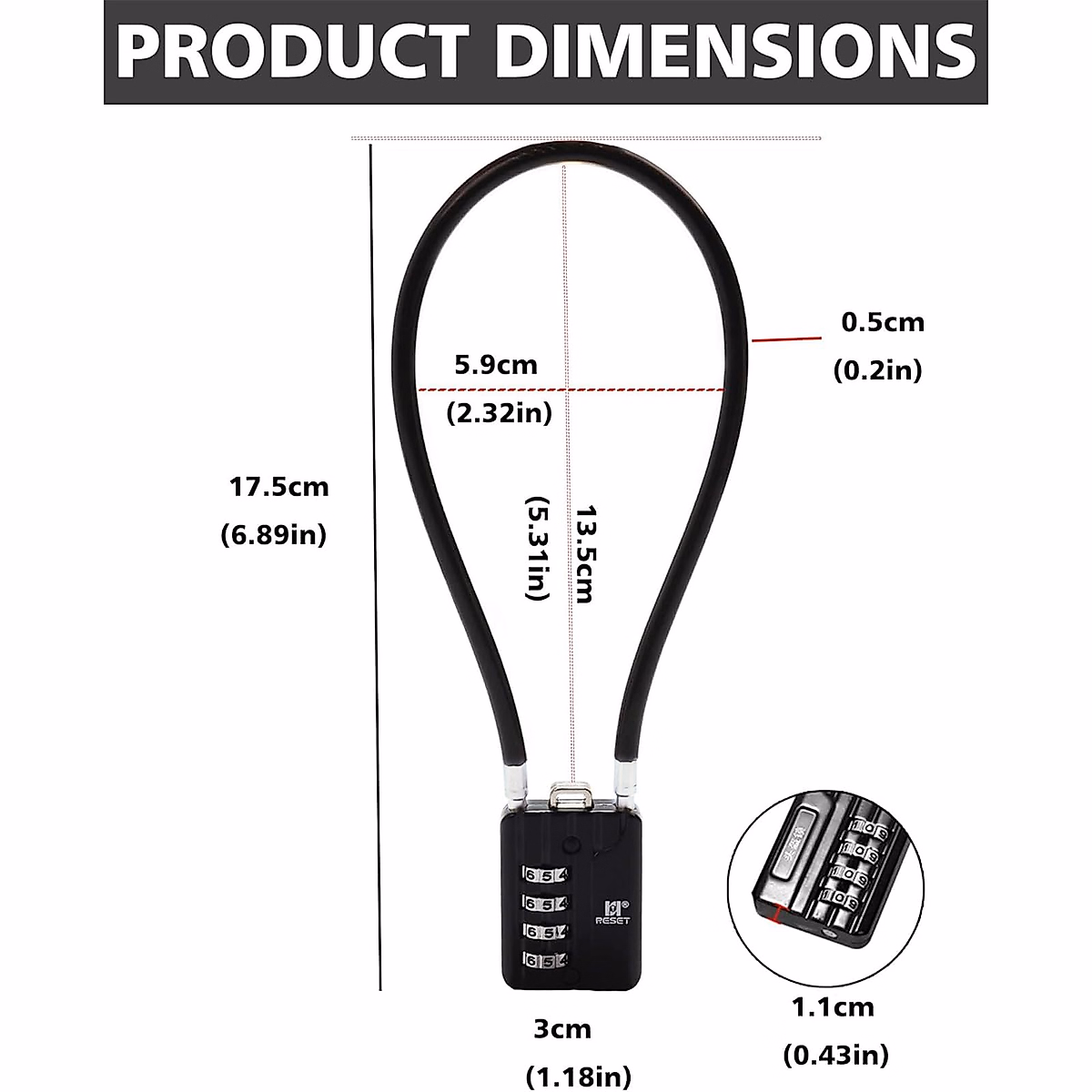 RESET-201 (2 Pack) 4 Digit Combination Padlock with 12 inch (30cm) Steel Cable,Cable Lock for Trash Can, Locker, Gym Locker, Luggage, Suitcase, Gun Case, Trigger,Helmet, 5mm Diameter, Black