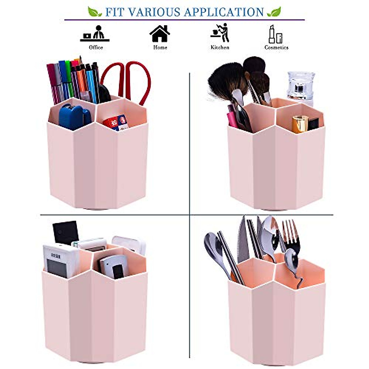 Siveit Pen Holder, 360° Rotating 5 Grid Pen Holder Stand Office Supplies Storage Organize for Desk Cute Pencil Cup Pot for Home, Office, Kids (Peach Pink)