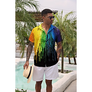 Hawaiian Men's Paint Button Down Shirts Gay Pride Black Pigment Tie Dyed Graphic Rainrow Short Sleeve Blouse Tee Top Black Aloha Colorful Shirt