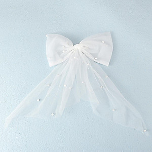 JEAIRTS Bridal Hair Bow Veil Pearl Wedding Hair Piece White Tulle Bow with Clip Bachelorette Party Hair Accessories for Women (Style 1)