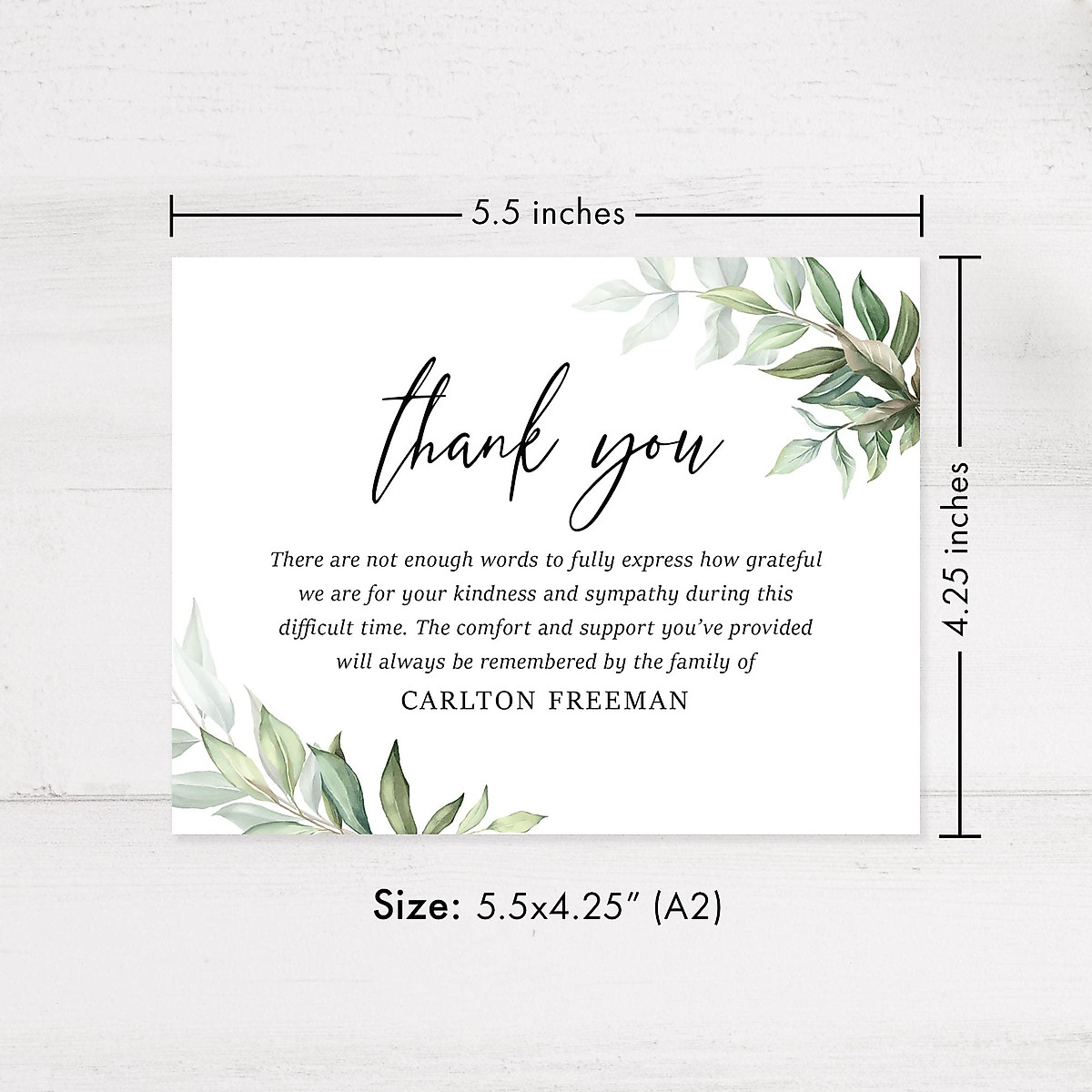Hello Love Goods Personalized Greenery Funeral Thank You Cards with Envelopes, 5.5x4.25 Flat Sympathy Memorial Cards