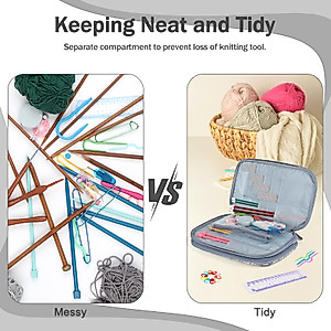 Katech Empty Knitting Needles Case Portable Travel Crochet Hooks Case Zipper Storage Bag Organizer with Transparent Pocket and Holder Slots for Carrying Knitting Needles and Crochet Accessories (Grey)