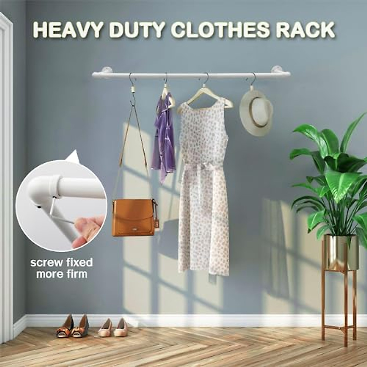 Clothes Rack, 46inches Industrial Pipe Clothing Rack Heavy Duty Garment Racks Wall Mounted Closet Rod White Wardrobe Rack for Hanging Clothes