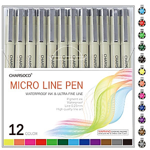 CHARSOCO 01 Micro Pen, Fine Point Pen with 12 Colors, Waterproof Archival Ink, 0.25mm Fineliner Ink Pens for Artist Illustration, Sketching, Anime, Manga, Technical Drawing and Scrapbooking