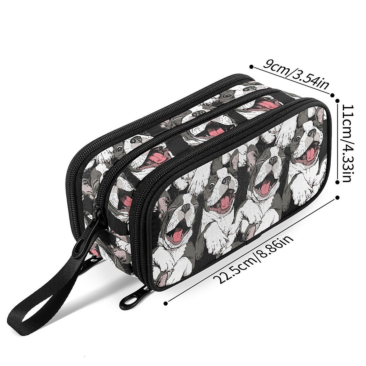 Fustylead Smiling Funny Boston Terrier Dog Pencil Pen Case with 3 Compartments, Lightweight & Spacious Stationery Bag Cosmetics Bag