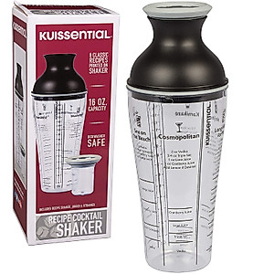 16oz Large Cocktail Shaker Bar Set - Includes Measuring Jigger, Strainer, 6 Printed Mixed Drink Recipe Measurements on Bottle - Bartender Kit for Mojitos, Martinis & More - Great for St. Patricks Day