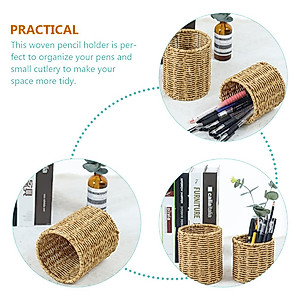 Cabilock Pen Holder Desktop Sundries Organizer Boho Desk Accessories Rattan Storage Bins Pen Cup Table Pen Organizer Pencil Holder Willow Basket Plastic Office Multifunction