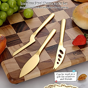 Kyraton Gold Cheese Knife Set of 3, Ergonomic Design Titanium Golden Plated Cheese Slicer, Butter Knife Spreader, Cheese Cutter, Cheese Knives for All Type of Cheese