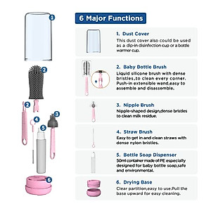 YOTIME Travel Baby Bottle Brush Set, Silicone Bottle Brush with Nipple Cleaner and Stand, Pink