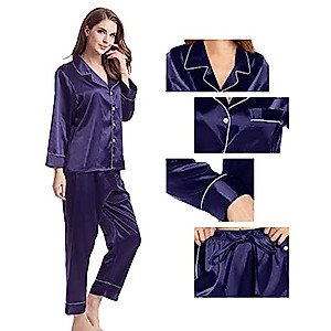 WJing Yi Jia Womens Pajama Set Silk Satin Pajamas Long 2pc Pjs Button Down Sleepwear Pj Set Loungewear
