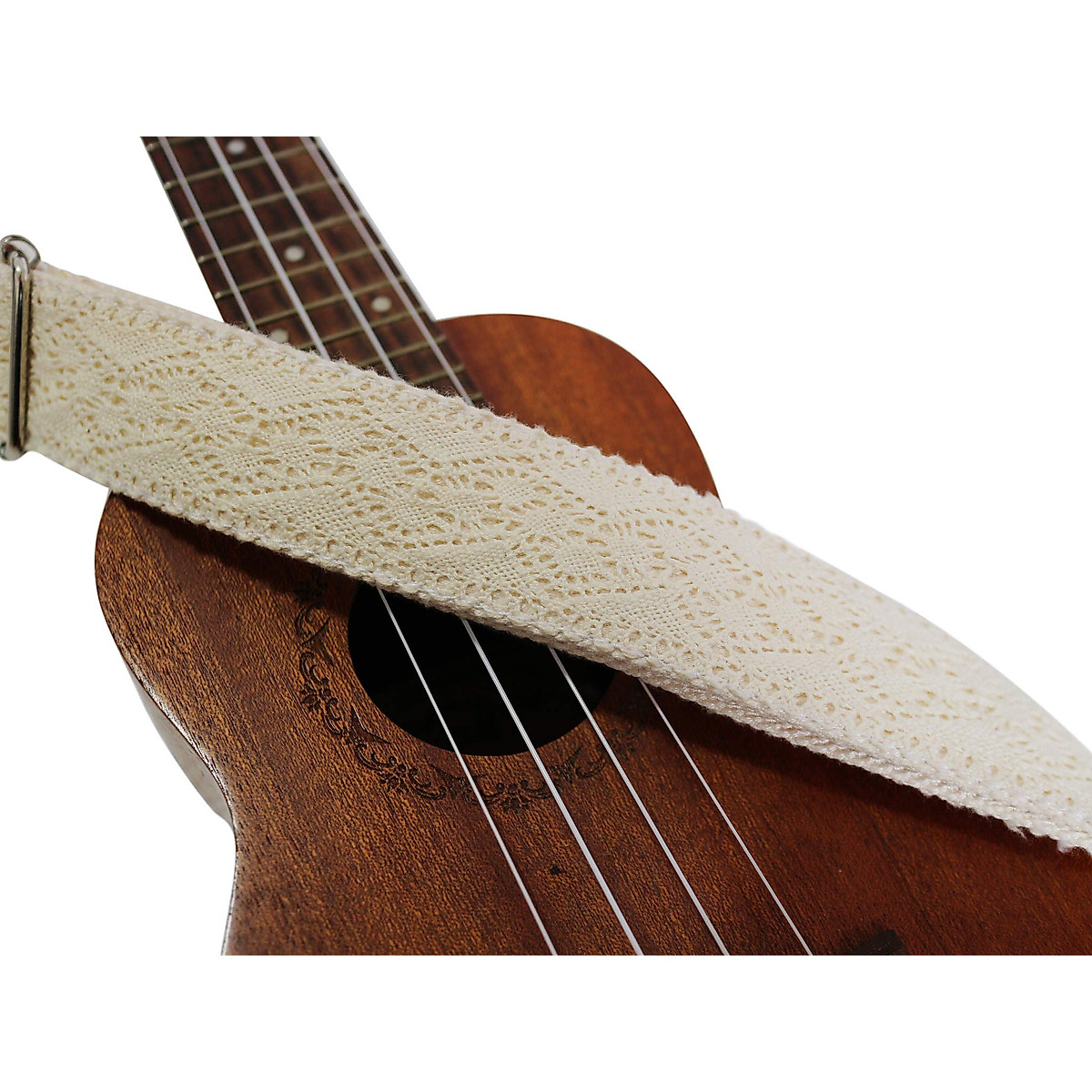 MUSIC FIRST Original Design Cream Graceful & Vintage Lace Soft Lace & Genuine Leather Ukulele Strap Ukulele Shoulder Strap With a Genuine Leather Strap Locker (Cream)