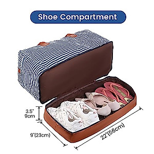 Inspack Duffle Bag with Shoe Compartment for Women/Men, 45L Gym Sports Bags with Trolley Sleeve, 22x14x9 Weekender/Carry on/Travel Tote/Duffel/Overnight Bags（Blue-White Stripe）