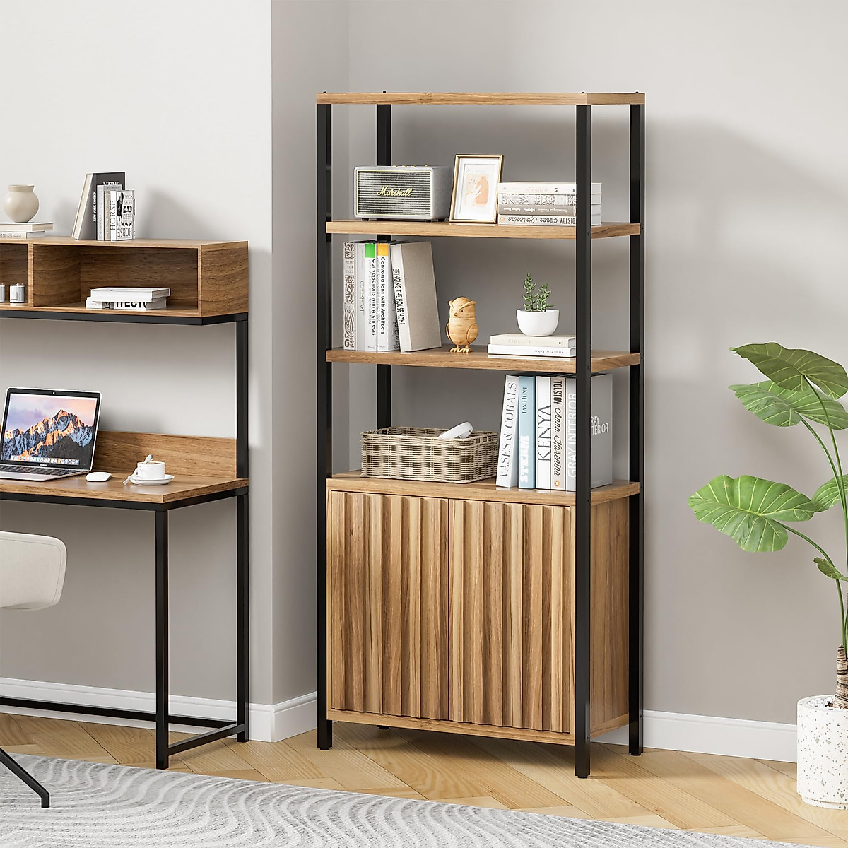 UEV Bookshelf 5 Tier Wood Boho Bookshelf with Storage Door,Fluted 71 in Tall Bookshelf with Metal Stand,Mid Century Modern Large Accent Bookcase for Living Room,Bed Room (Wood, 2 Piece)