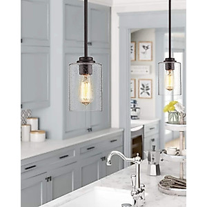 Beionxii Glass Pendant Light | Farmhouse Mini Pendant Lighting for Kitchen Island Dining Room Over The Sink, Oil Rubbed Bronze with Bubble Glass - DMD9002-1H/2PK