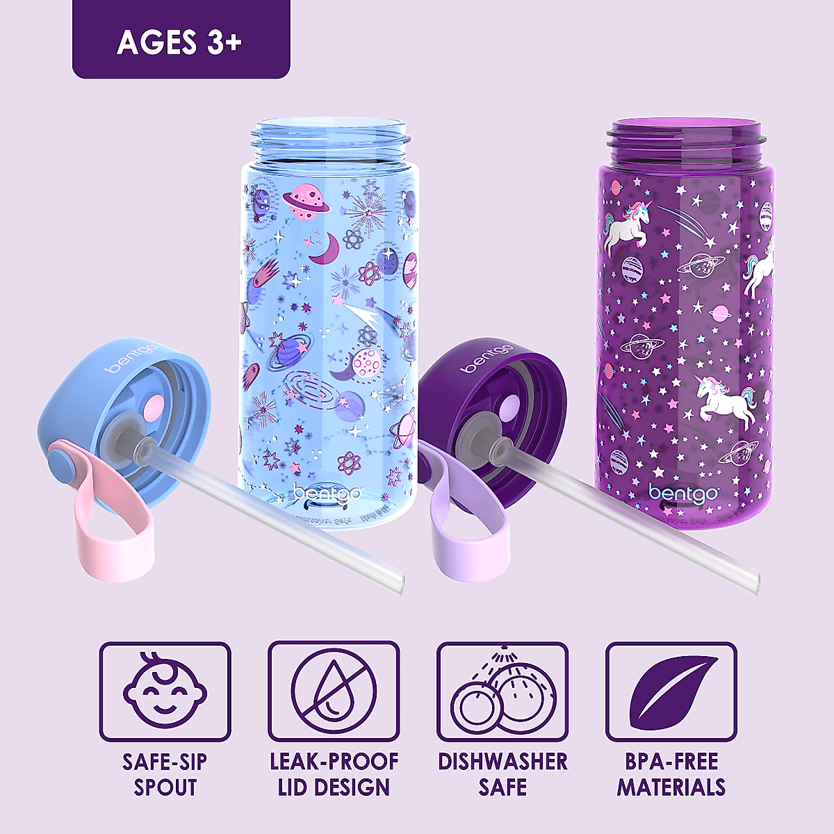 Bentgo® Kids Water Bottle (Unicorn & Lavender Galaxy - 2 Pack)