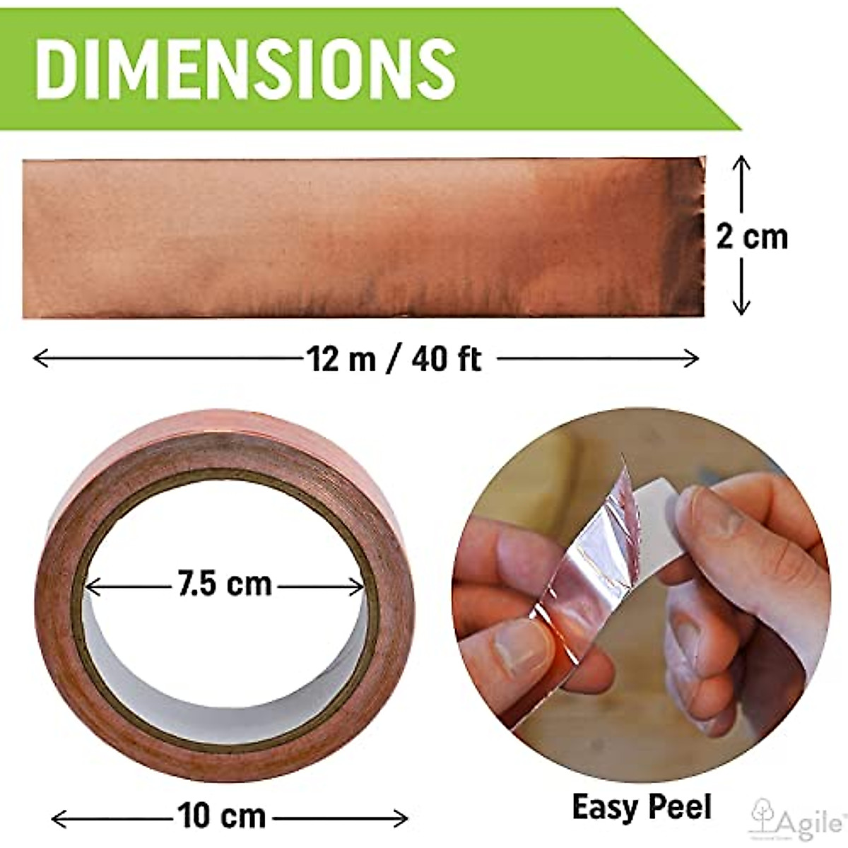 Agile Home and Garden Copper Tape - 40ft Copper Foil Tape Conductive Adhesive - 0.8" Wide Electrical Conductive Tape - Outdoor and Indoor Copper Tape - EMI Foil