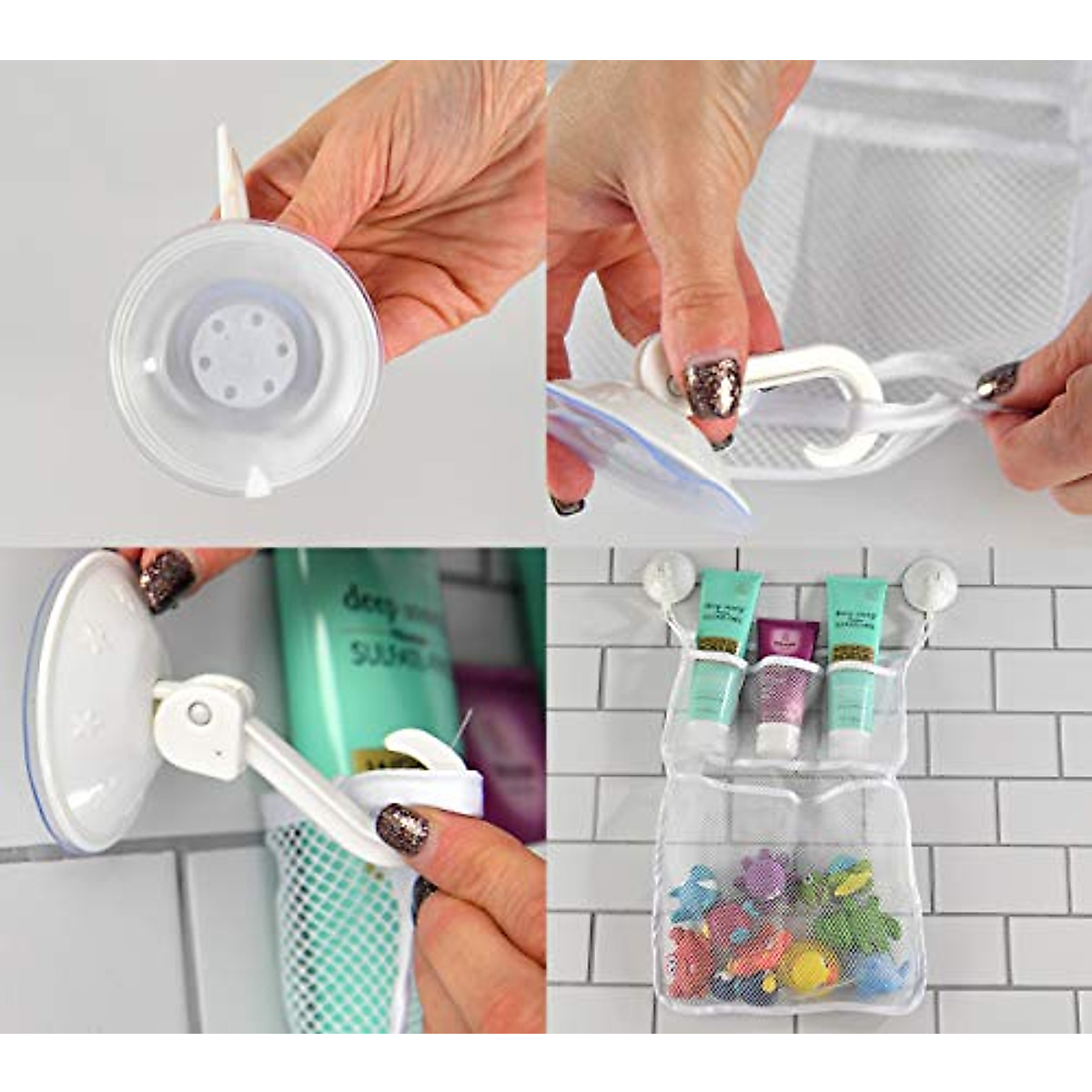 HOME-X Bathtub Toy and Bathroom Mesh Bag with Suction Cup Hooks Organizer, Bathtub Storage, Baby Bath Toy Organization, White-18" L x 12 1/2" W