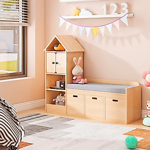 Kids Bookcase and Bookshelf with Reading Nook, Toy Storage Organizer for Kids, Oak Castle Wooden Bookcase with 3 Open Storage Cubbies 3 Drawers and Seat Cushion for Children's Room, Playroom, Oak