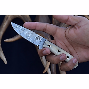 Knives Ranch Handmade Damascus Steel Knife Full Tang Quad Lanyard Hole Knife Cattle Bone Handle Heavy Duty 45 Degree Pancake Sheath Snug Fit (3112-B)