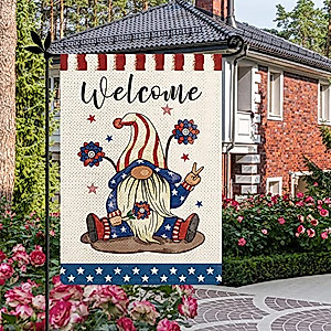 YOVOYOA Patriotic Gnomes Welcome Garden Flag, 12.5 x 18 Inch Double Sided American Star and Strip Floral Welcome Yard Flag, 4th of July USA Burlap Vertical Flag for Lawn Patio Decor