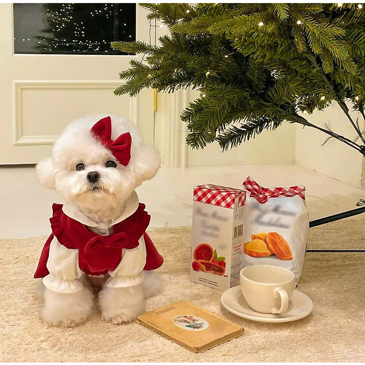 Patas Lague Dog and Cat Dress Set with Shirt and Bowtie Hairpin, 3-Pieces Sweet Lovely and Cute Dog Cat Christmas Outfit Clothes, Pet Holiday Clothes for Small Medium Pets Vintage Design