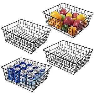 Wire Storage Baskets for Organizing, Vtopmart 4 Pack Metal Wire Freezer Organizer Bins with Handles, Large Pantry Baskets for Kitchen Cabinets, Bathroom, Laundry, Garage, Black