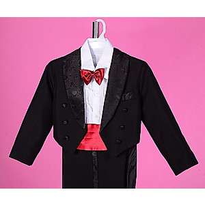Dressy Daisy Baby Boy Tuxedo Black Suit 5 Pieces Set Formal Wear Wedding Outfit Size 18-24 Months, with Red Cummerbund