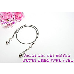 RetroGem Preciosa Czech Glass Seed Beaded Book Thong Bookmark with Swarovski Elements Crystal Pearl (Grey - 12")