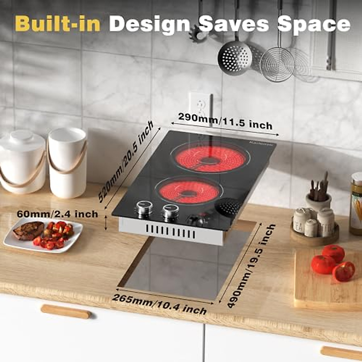 2 Bruner Electric Cooktop, Plug in Electric Cooktop 110v, 12 Inch Kitchen Electrics Stove Countertop & Built-In, Knob and Touch Control, 9 Power Levels, 2000w, Safety Lock, Pause, Timer, Karienvir