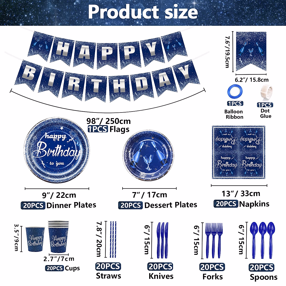Navy Blue and Silver Birthday Supplies, Blue Birthday Party Decorations for Men, Women, Includes Happy Birthday Banner, Tablecloth, Plates, Napkins, Cups and Straws, Serves 20 Guest