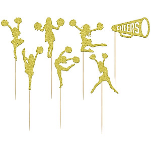 Gyufise 28 Pack Cheerleader Cupcake Toppers Gold Glitter Cheerleading Gymnastics Cupcake Picks Cheer Team Cake Decorations Gymnast Girl Toothpicks Cake Decor for Girls Birthday Party Favors Supplies