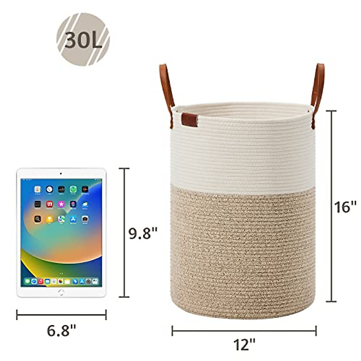 VIPOSCO Small Laundry Basket, Slim Baby Hamper with Leather Handle, Cute Woven Rope Storage Basket for Blanket, Kids Toy, Clothes In Living Room, Bathroom, Bedroom, Nursery Room - 30L White & Brown