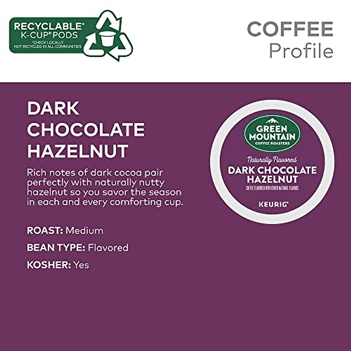 Green Mountain Coffee Roasters Dark Chocolate Hazelnut Coffee, Keurig Single Serve K-Cup Pods, 72 Count (6 Packs of 12)