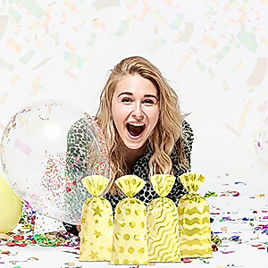 GITMIWS 120pcs Cellophane Bags, Gold Candy Cookie Favor Bags, Plastic Gift Bags with Twist Ties for Birthday Wedding Favors Party Supply Bags (4 Pattern)