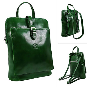 Time Resistance Leather Backpack - Convertible to Shoulder Bag - Full Grain Real Leather Travel Rucksack for Women (Green)