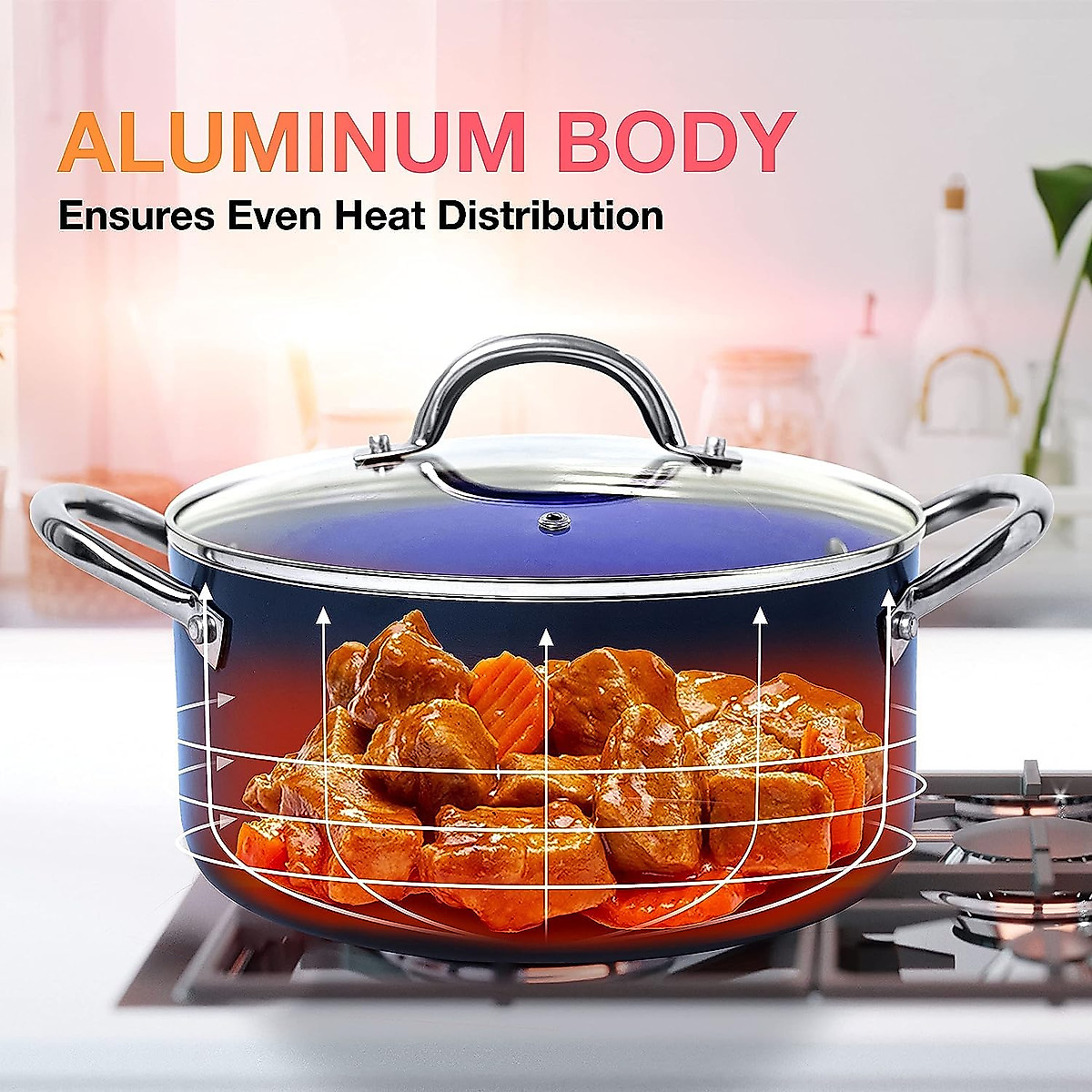 Mueller UltraClad Sapphire Pots and Pans Set Nonstick, 14 Piece Induction Cookware Sets, Aluminum Body, Includes Non Stick Deep Frying Pan, Sauce Pans for Cooking, Dutch Oven and More