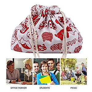 NUOBESTY Lunch Box Pouch with Drawstring Japanese Portable for Bento Boxes Tote Bag Picnic Office Outdoor Lunch Storage Handy Bags Cat Printed Red