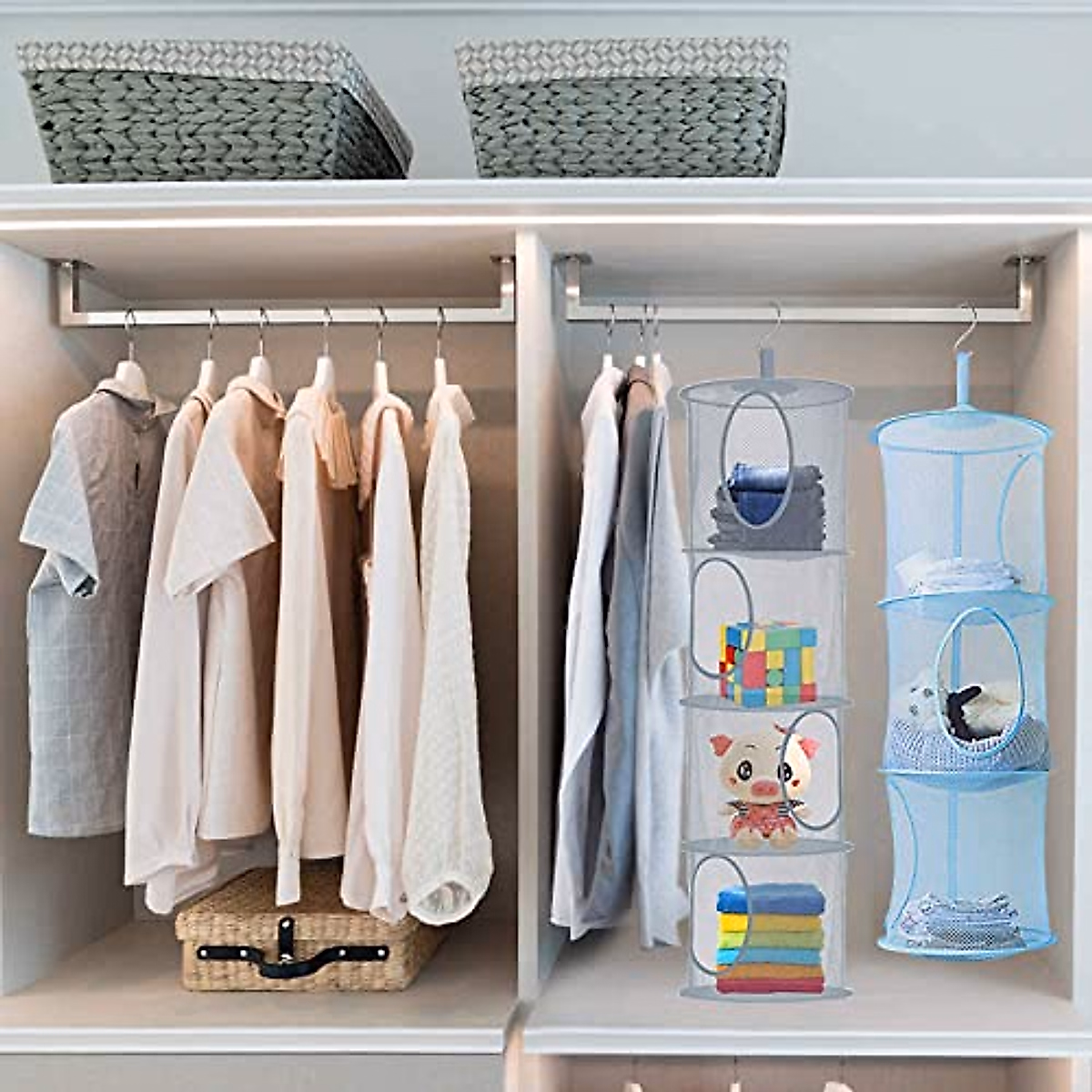 JIELUO 2pcs Hanging Mesh Storage Organizer Bag Foldable Space Saving Organizer with 2pcs S Hooks for Room Bathroom Wall Balcony Wardrobe(Grey，Blue)