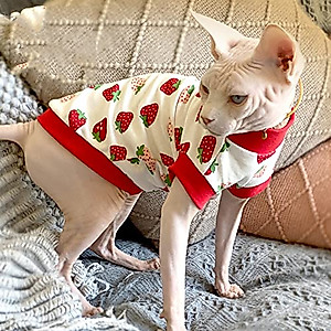 Sphynx Cat Summer Clothes for Cats Only Pattern Cotton T-Shirts Soft Breathable Pullover Vest with Sleeveless Kitten Shirts for Sphynx (L（7.3-9.7lbs）, Strawberry)