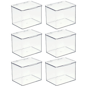mDesign Plastic Kitchen Pantry and Fridge Storage Organizer Box Containers w/Hinged Lid for Shelves or Cabinets, Holds Food, Snacks, Seasoning, Condiments, Utensils, Lumiere Collection, 6 Pack, Clear