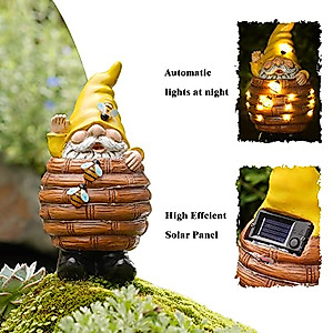 Garden Gnome Statue Decor Bee Solar Gnome Figurine in Resin Bucket with Solar LED Lights Garden Gnome Decoration for Patio Yard Lawn Porch Garden Gifts