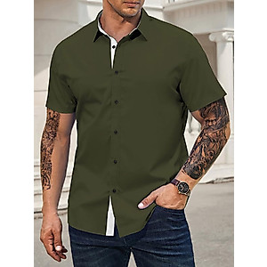 JMIERR Men's Casual Button Down Shirts Wrinkle-Free Short Sleeve Business Muscle Slim Fit Non Iron Dress Shirt for Men, XL, Olive Green