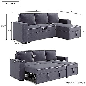 DOUBAO 91" Reversible Pull Out Sleeper Sectional Storage Sofa Bed,Corner Sofa-Bed with Storage Chaise Left/Right Handed Chaise